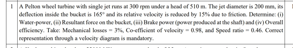 Solved \table[[1, ﻿A Pelton wheel turbine with single jet | Chegg.com