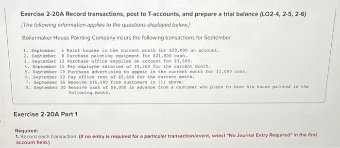 Solved Exercise 2-20A Record transactions, post to | Chegg.com