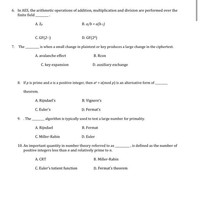 Solved 6. In AES, the arithmetic operations of addition, | Chegg.com