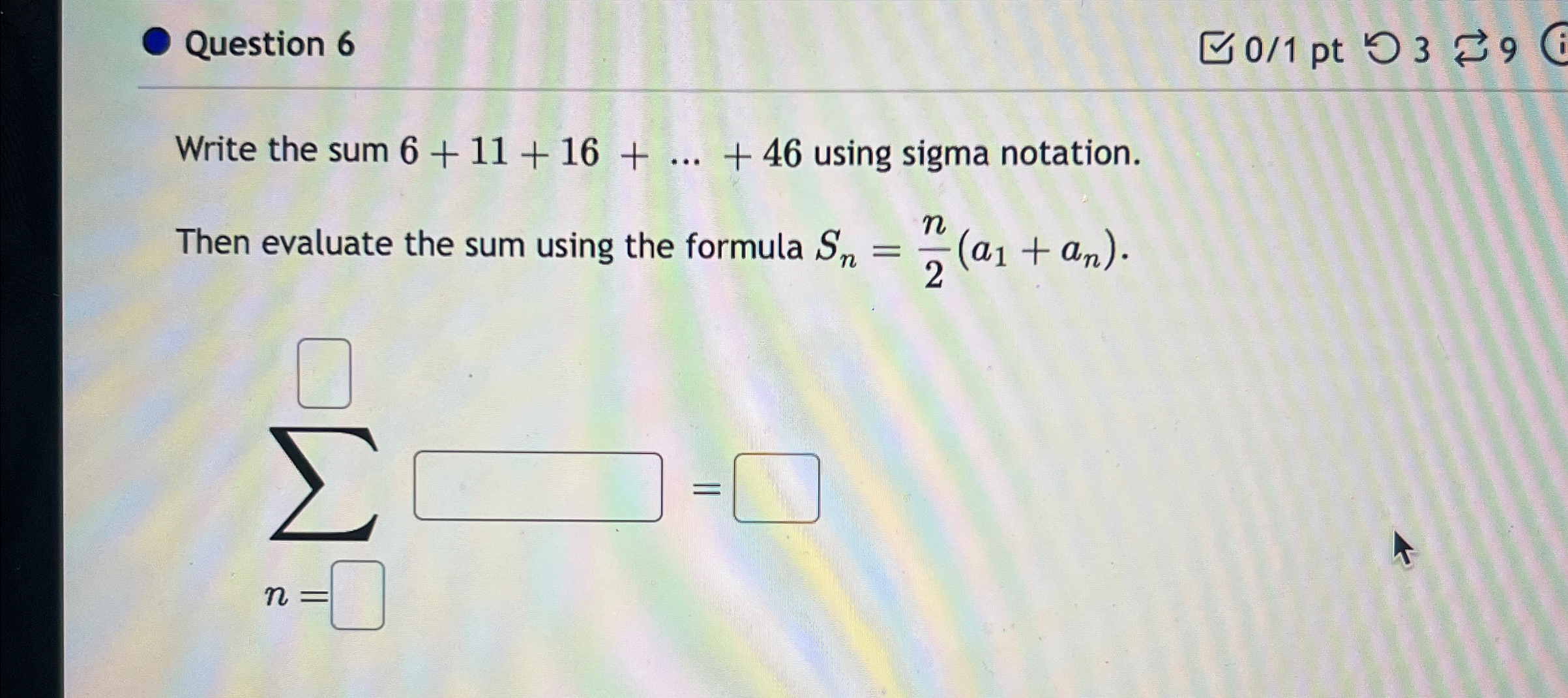 Solved Question 601pt39Write the sum 6+11+16+dots+46 ﻿using | Chegg.com