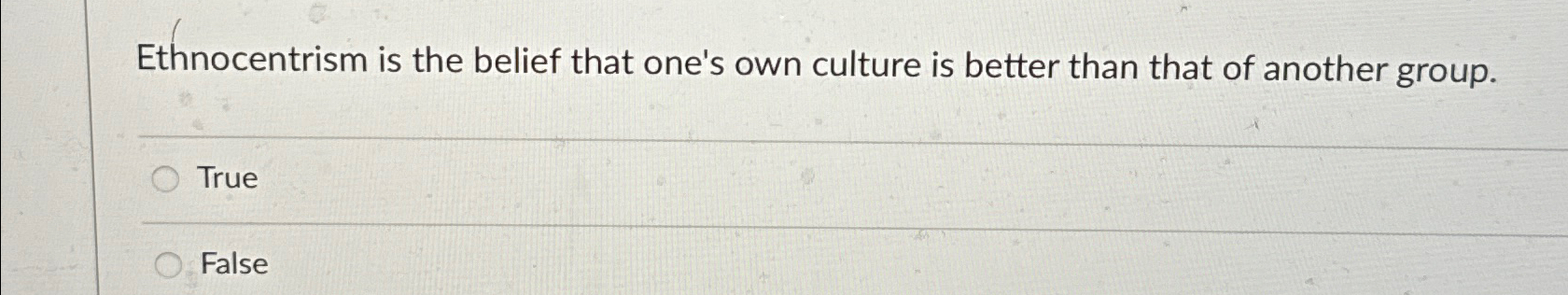 Solved Ethnocentrism is the belief that one's own culture is | Chegg.com