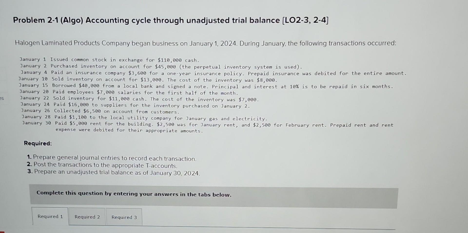 Solved Problem 2-1 (Algo) Accounting cycle through | Chegg.com