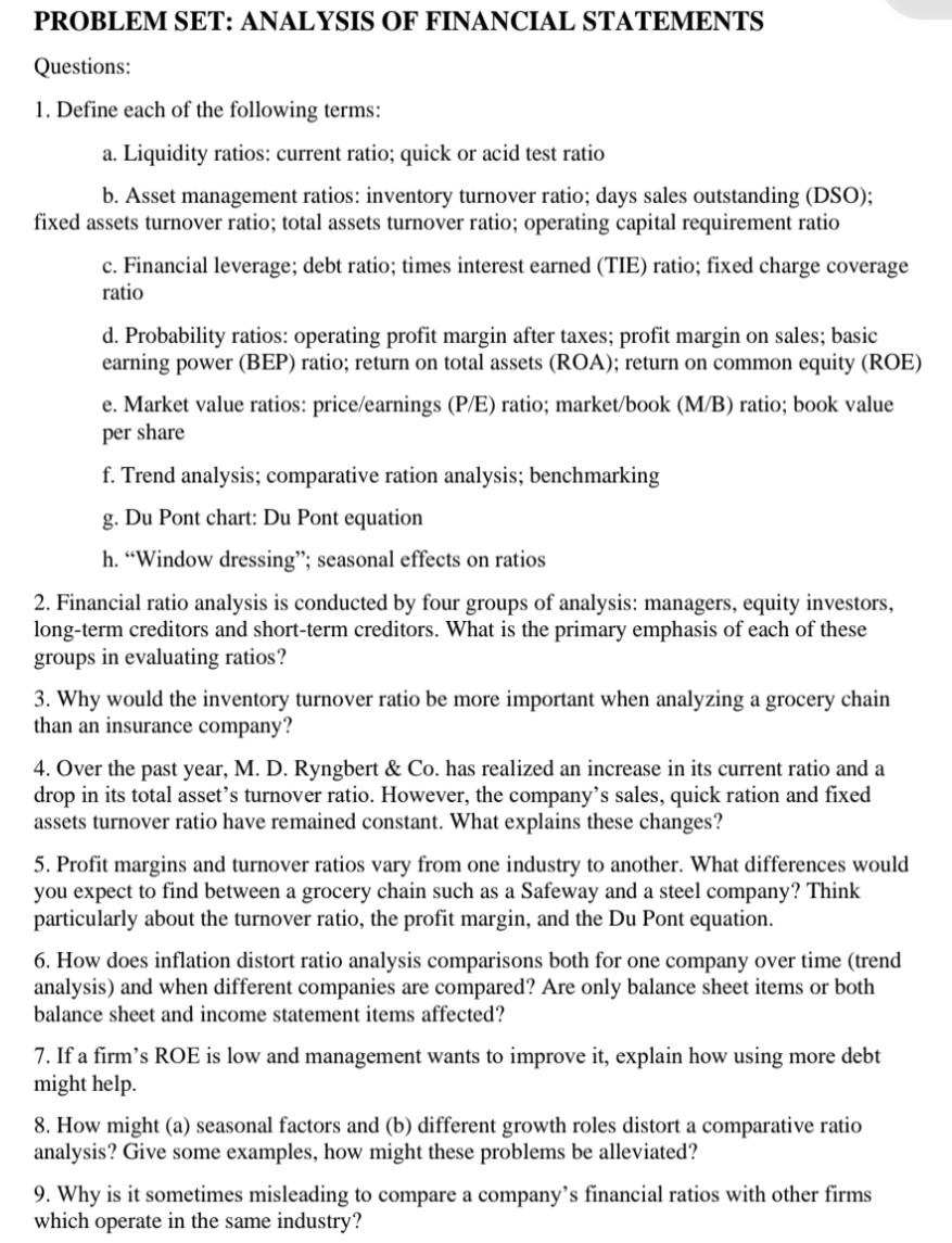 Solved PROBLEM SET: ANALYSIS OF FINANCIAL STATEMENTS | Chegg.com