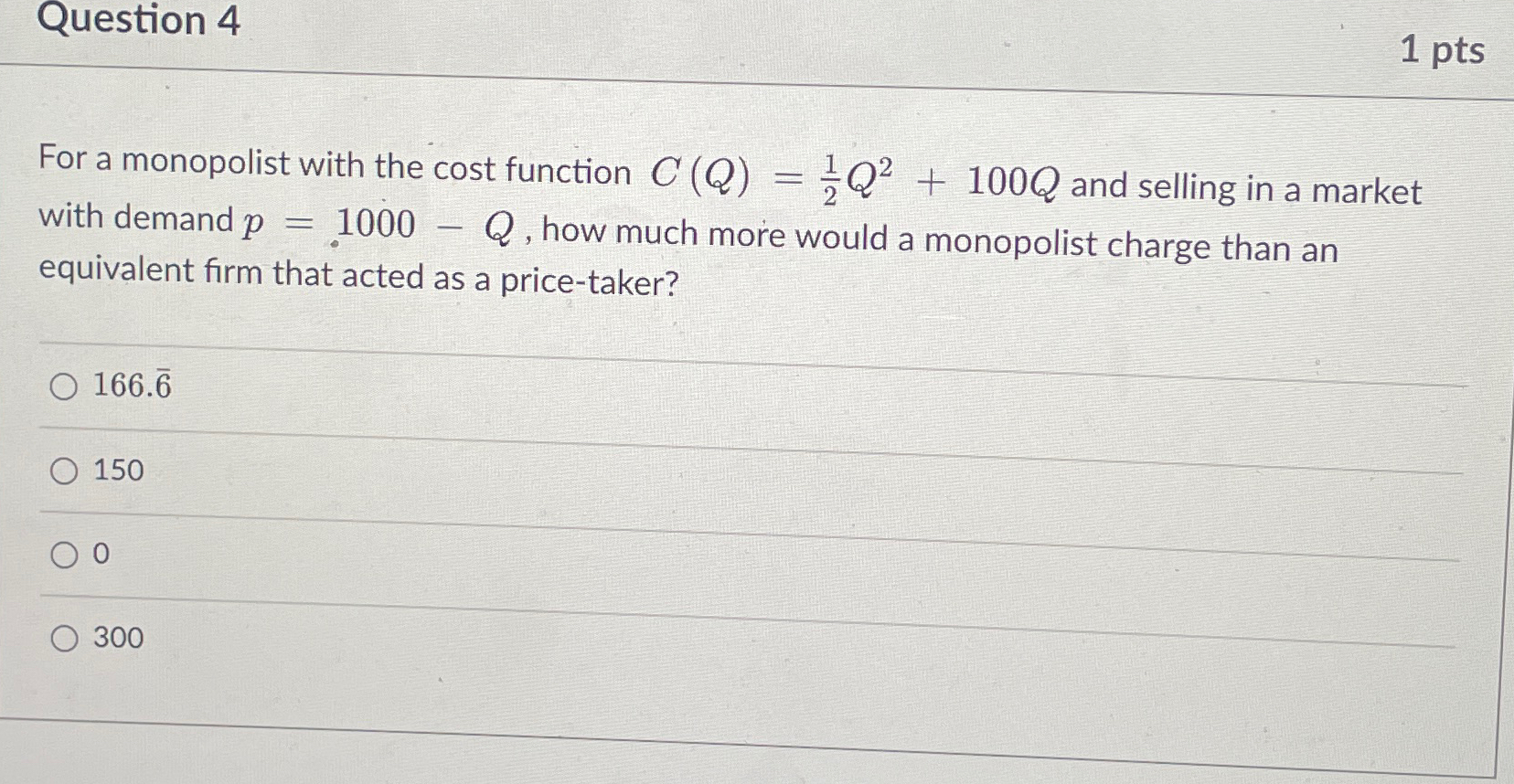 Solved Question 41ptsFor a monopolist with the cost function | Chegg.com