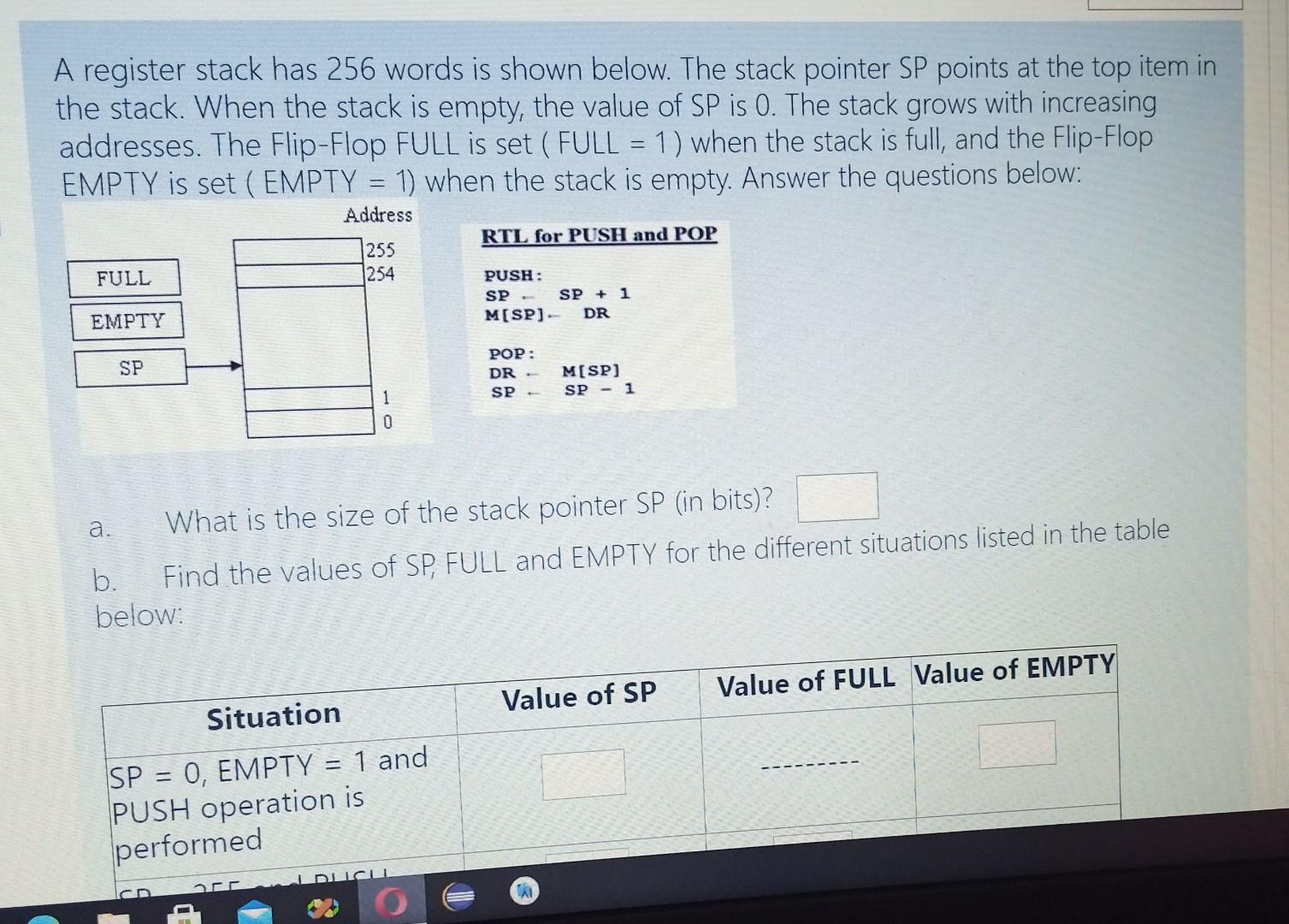 Solved A register stack has 256 words is shown below. The | Chegg.com