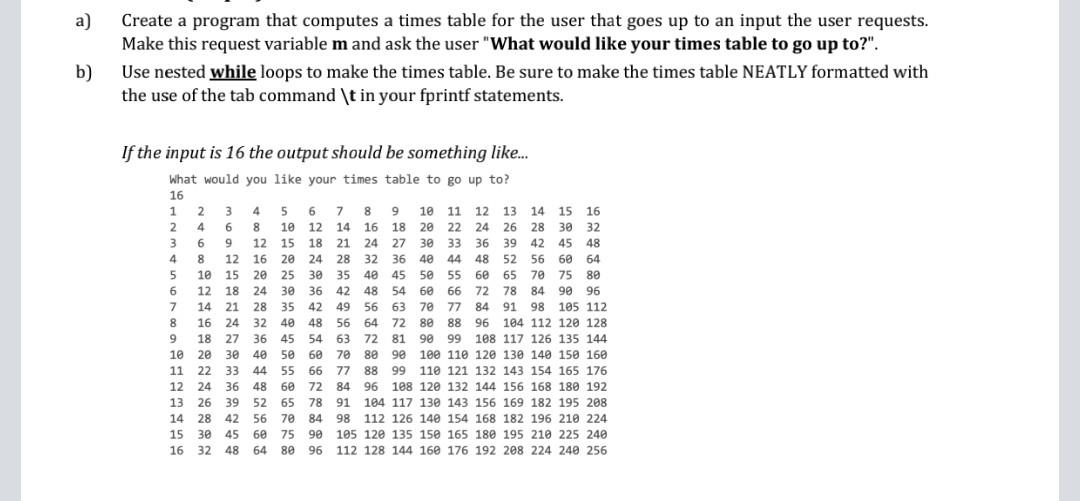 Solved a Create a program that computes a times table for | Chegg.com