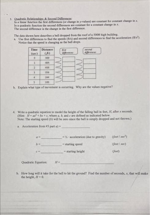 Solved 3. Ouadratic Relationships & Second Differences: In a | Chegg.com