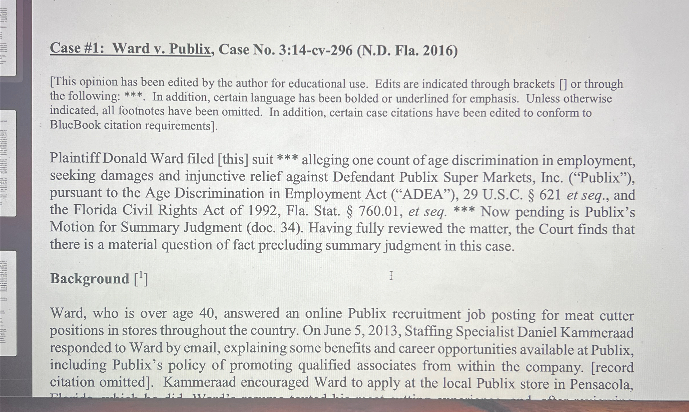 Solved Case#1: wardCase #1: Ward v. ﻿Publix, Case | Chegg.com