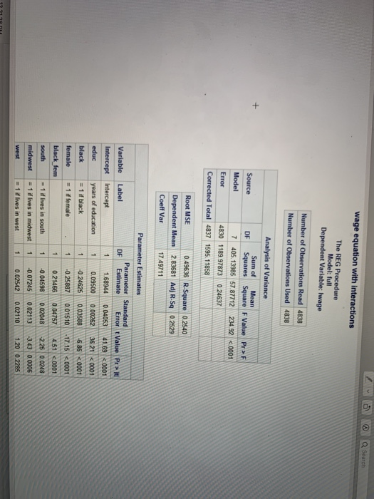 Solved @ Q Search wage equation with interactions The REG | Chegg.com