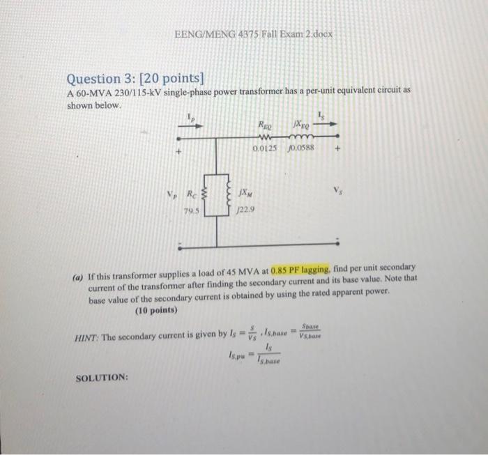 Solved Question 3: [20 points] A 60 -MVA 230/115-kV | Chegg.com