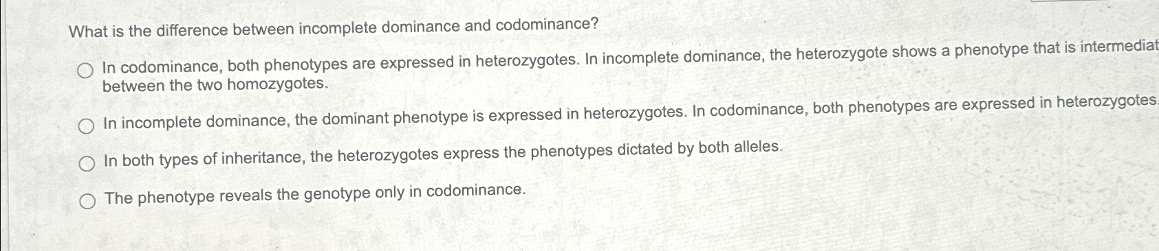Solved What is the difference between incomplete dominance | Chegg.com