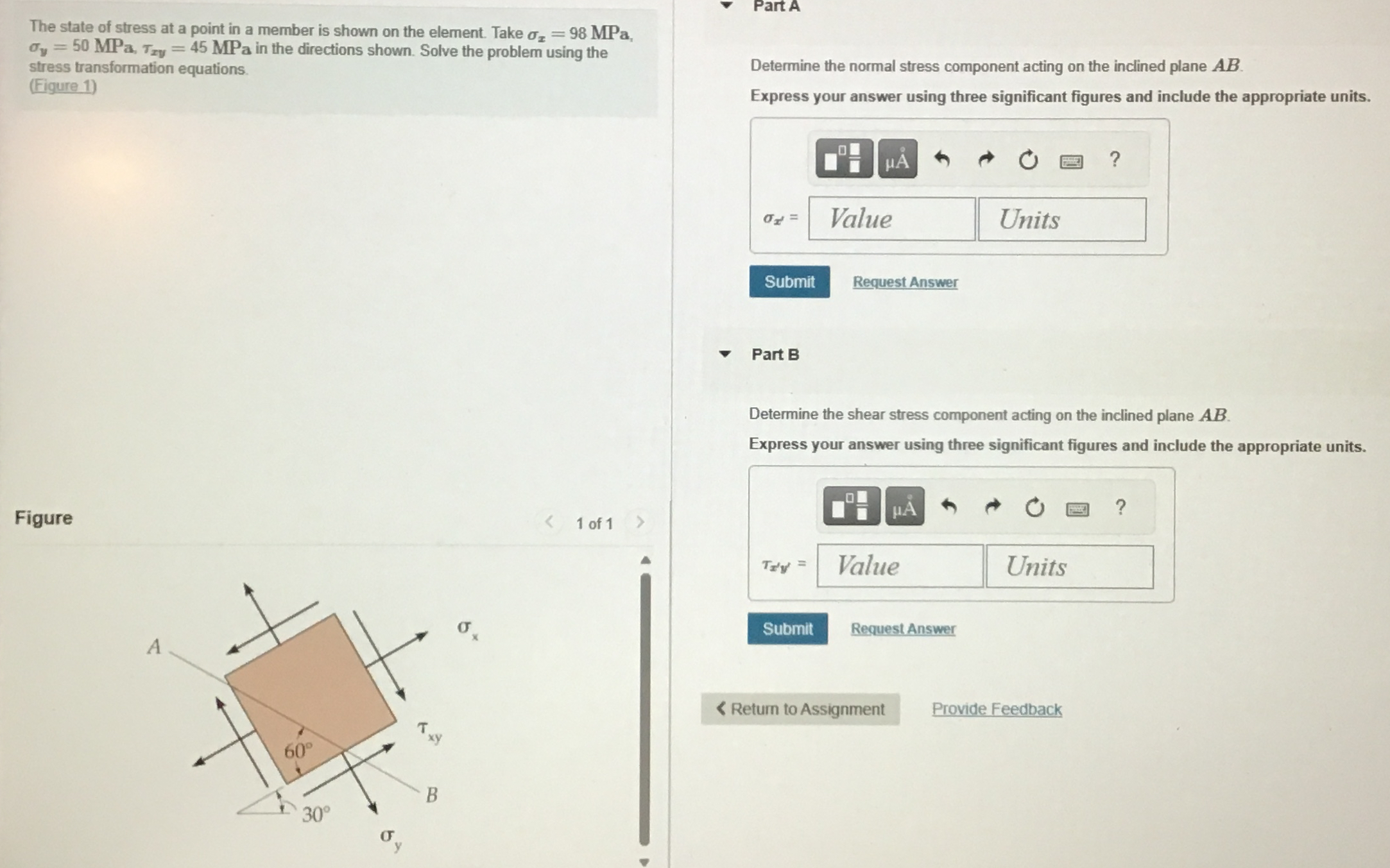 Solved The state of stress at a point in a member is shown | Chegg.com