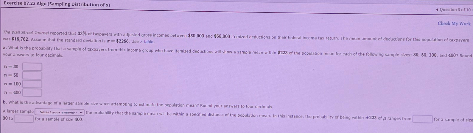 Solved Exercise 07.22 ﻿Algo (Sampling Distribution of | Chegg.com