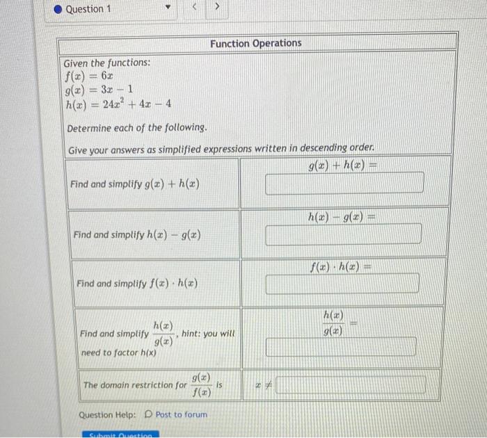 Solved Question 1 Function Operations Given the functions: | Chegg.com