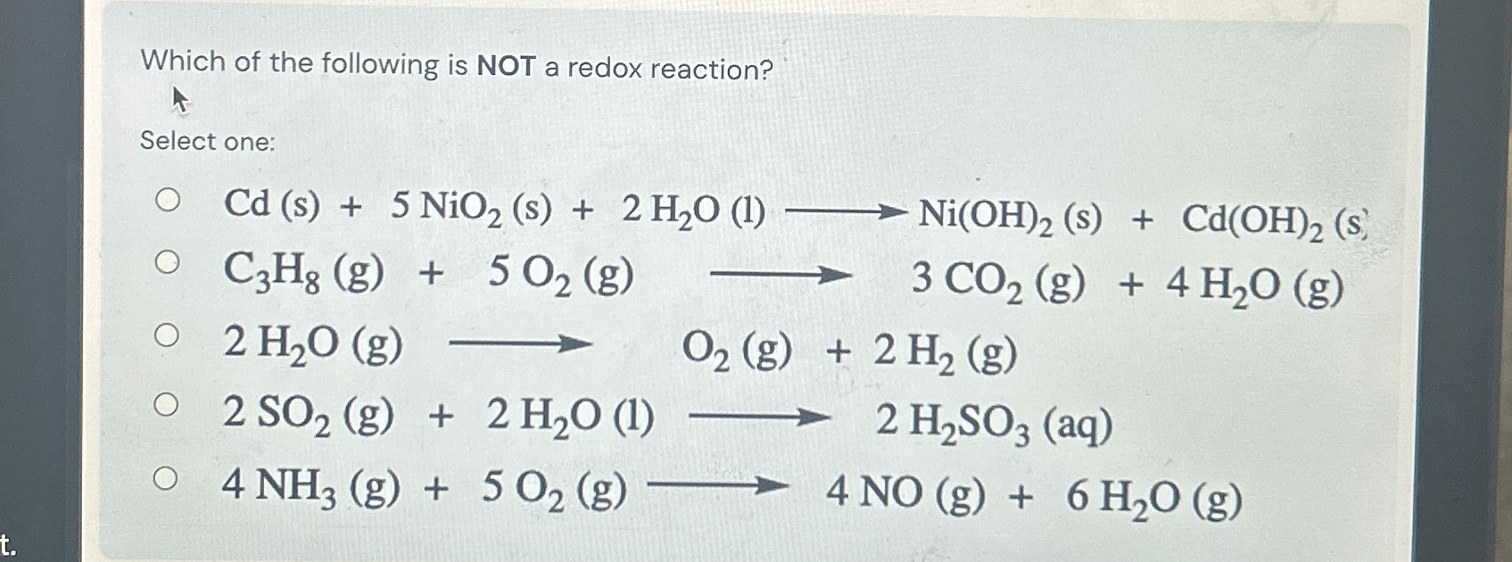 Solved Which of the following is NOT a redox reaction?Select | Chegg.com
