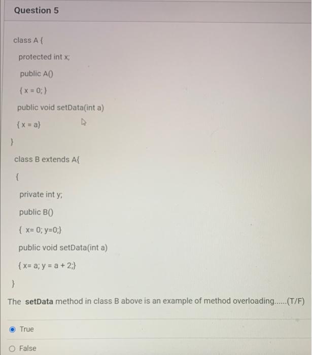 Solved {x=0;} public void setData(int a) {x=a} \} class B | Chegg.com