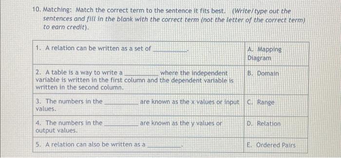 Solved 10. Matching: Match the correct term to the sentence | Chegg.com