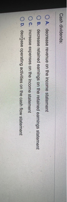 Solved Cash dividends: O A. decrease revenue on the income | Chegg.com