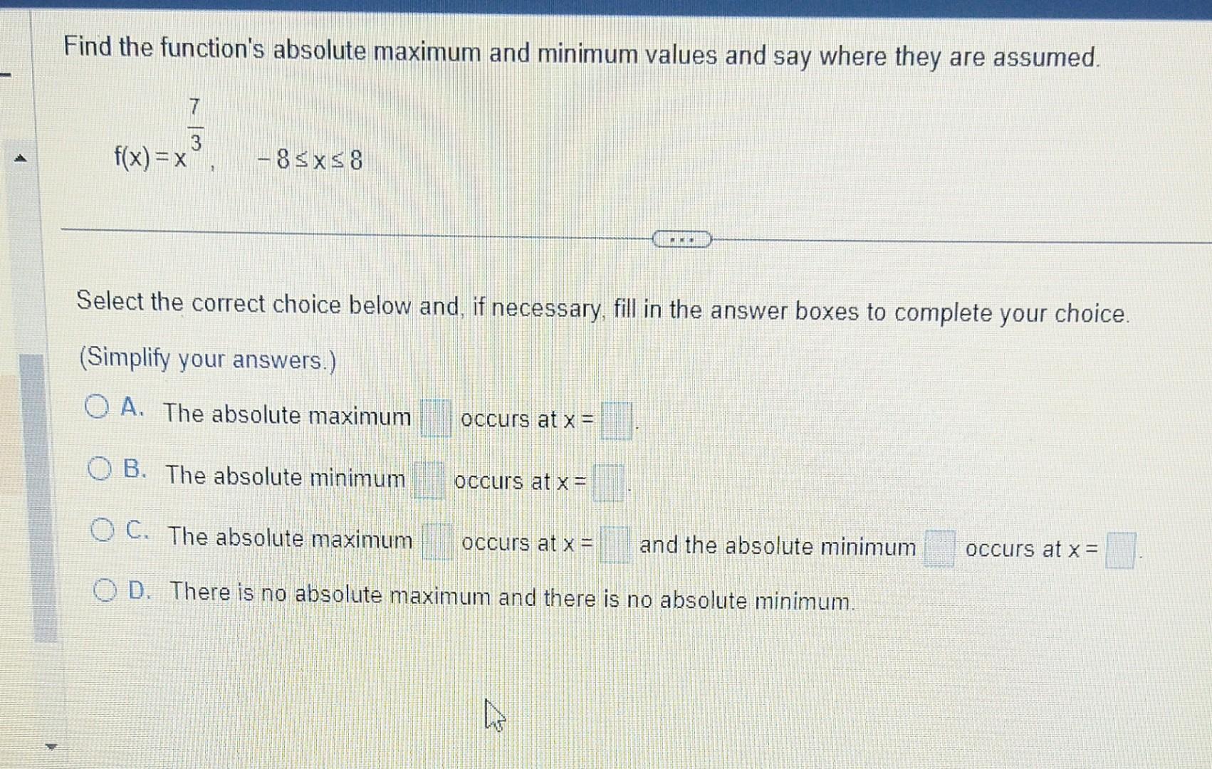 Solved Find the function's absolute maximum and minimum | Chegg.com