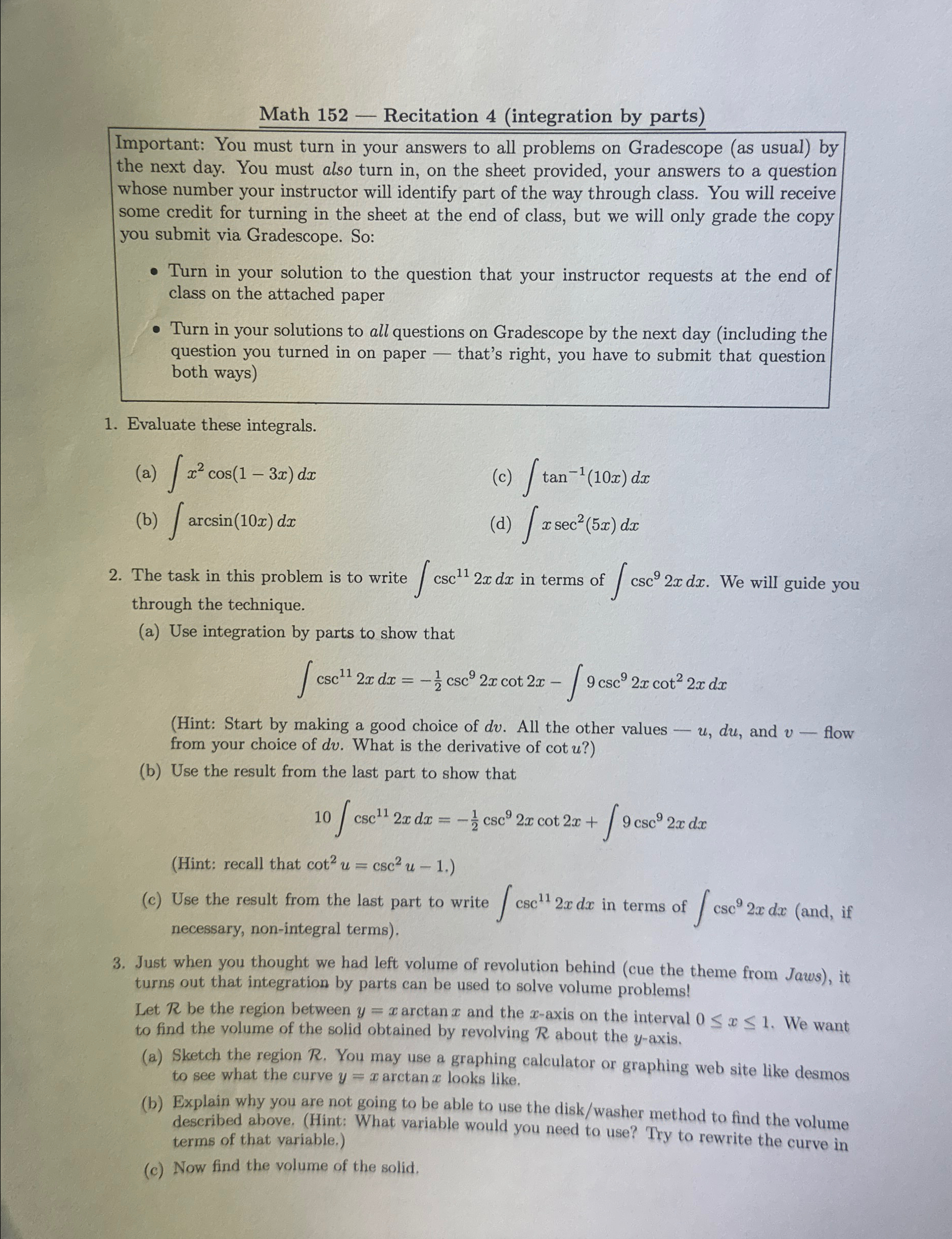 Solved Math 152 - ﻿Recitation 4 (integration by | Chegg.com