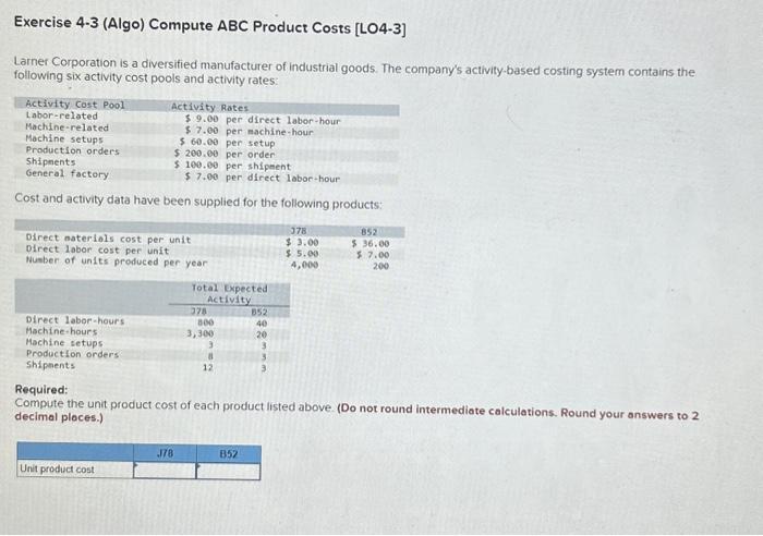 Solved Exercise 4-3 (Algo) Compute ABC Product Costs [LO4-3] | Chegg.com