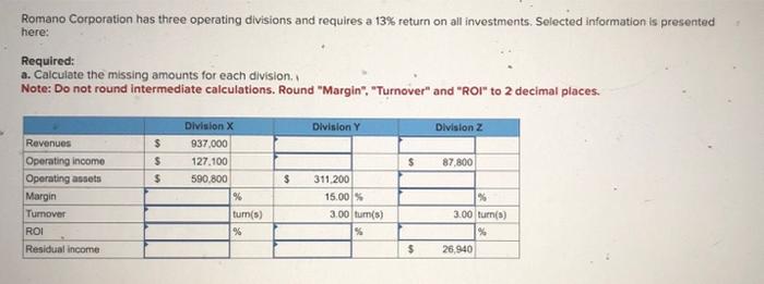Solved Romano Corporation has three operating divisions and | Chegg.com