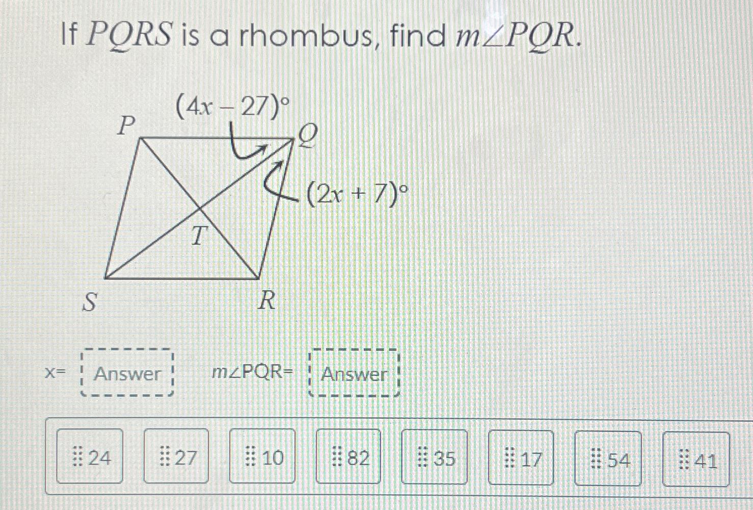 Solved If PQRS ﻿is a rhombus, find m?PQR.# 82 | Chegg.com