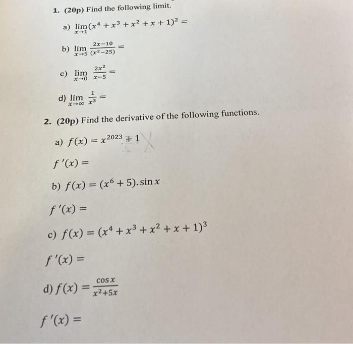 Solved 1. (20p) Find the following limit. a) | Chegg.com