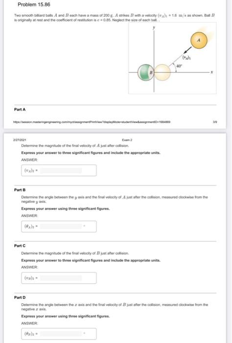 Solved Problem 15.86 The smooth billiard bats A and Beach | Chegg.com
