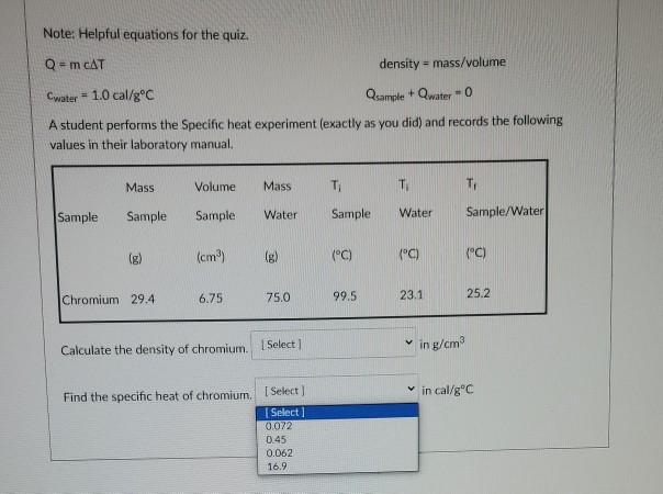 Solved Note: Helpful equations for the quiz QMCAT density = | Chegg.com