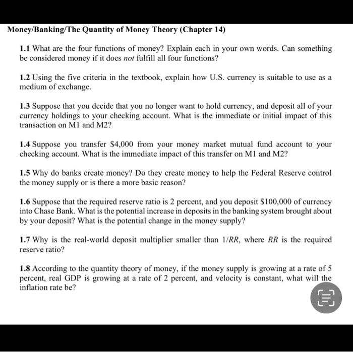 Solved Money/Banking/The Quantity of Money Theory (Chapter | Chegg.com