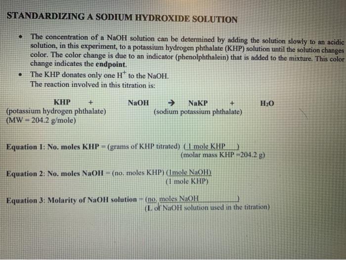 Solved STANDARDIZING A SODIUM HYDROXIDE SOLUTION . The | Chegg.com