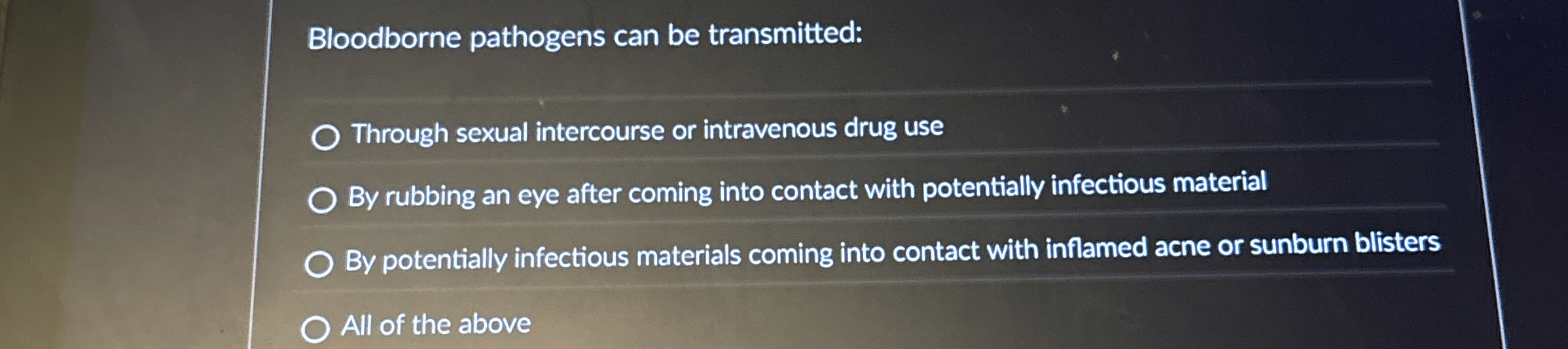 Solved Bloodborne pathogens can be transmitted:Through | Chegg.com