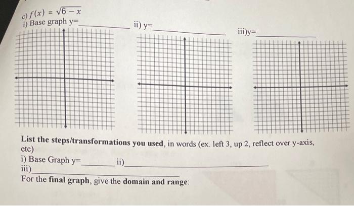 Solved c) f(x)=6−x i) Base graph y= ii) y= iii) y= List the | Chegg.com