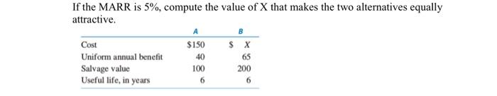 Solved If the MARR is 5%, compute the value of X that makes | Chegg.com