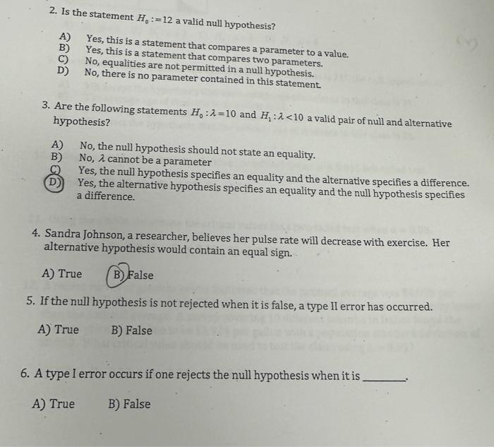 Solved 2. Is the statement H0:=12 a valid null hypothesis? | Chegg.com