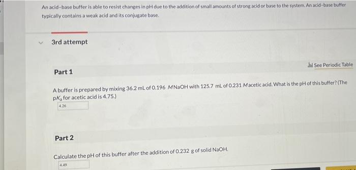 Solved An acid-base buffer is able to resist changes in pH | Chegg.com