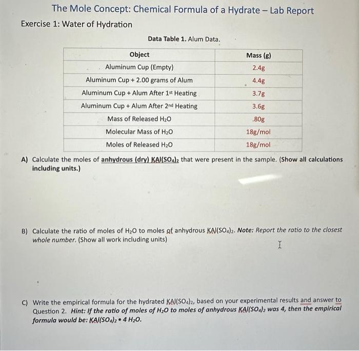 Solved The Mole Concept: Chemical Formula of a Hydrate - Lab | Chegg.com