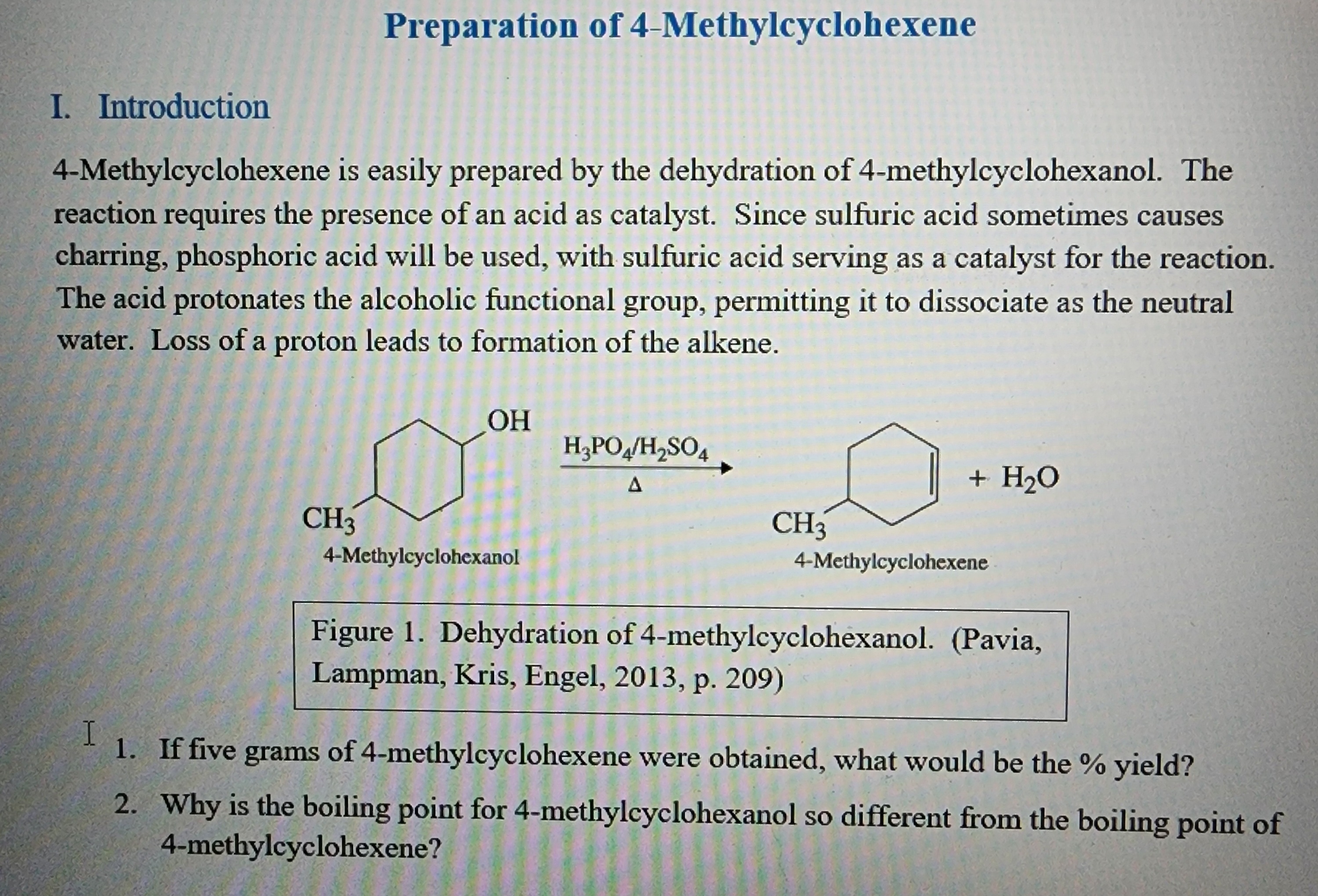 Solved Preparation of 4-MethylcyclohexeneI. | Chegg.com