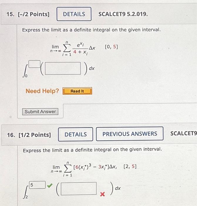 Solved [−/2 Points] SCALCET9 5.2.019. Express the limit as a | Chegg.com
