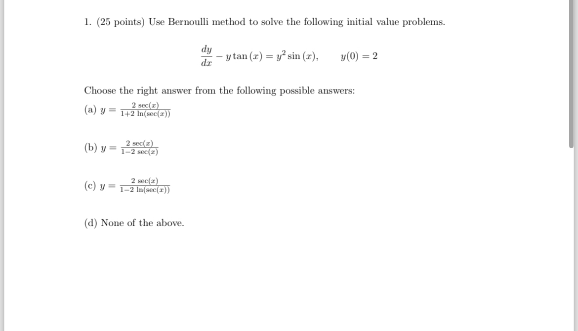 Solved (25 ﻿points) ﻿Use Bernoulli method to solve the | Chegg.com