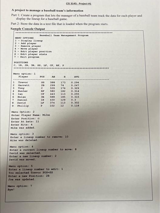 Solved CIS 3145: Project M1 A project to manage a baseball | Chegg.com