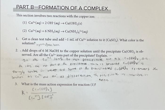 PART B-FORMATION OF A COMPLEX This section involves | Chegg.com