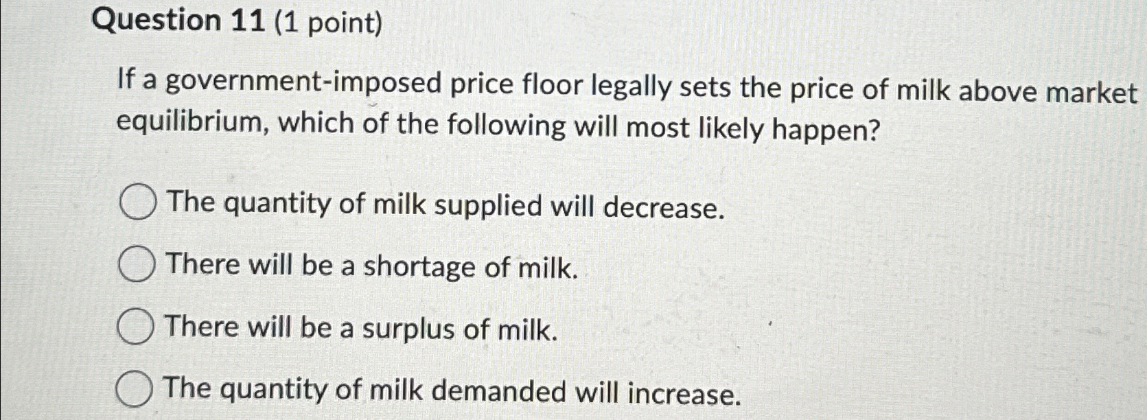 Solved Question 11 (1 ﻿point)If a government-imposed price | Chegg.com