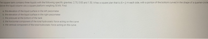 The square tank contains three liquids with the | Chegg.com