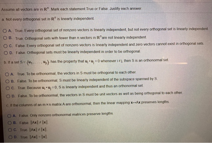 Solved Assume all vectors are in R" Mark each statement True | Chegg.com
