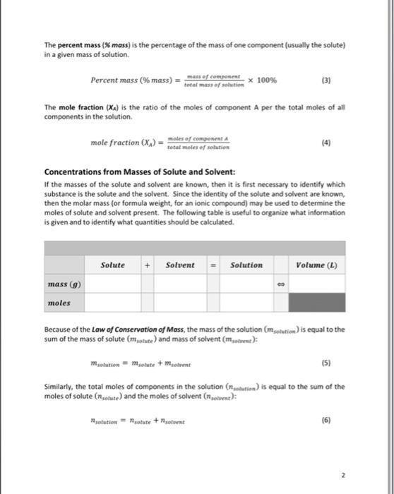 Solved The percent mass (\% mass) is the percentage of the | Chegg.com