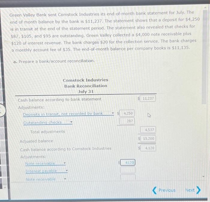 Solved Green Valley Bank sent Comstock Industries its | Chegg.com