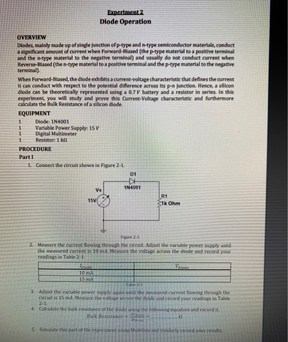 Solved Experiment 2 Diode Operation OVERVIEW Diodes, mainly | Chegg.com