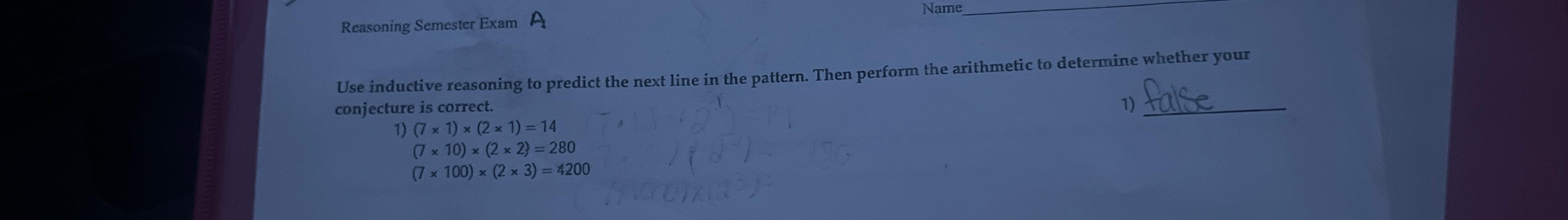 Solved Reasoning Semester Exam ANameUse inductive reasoning | Chegg.com